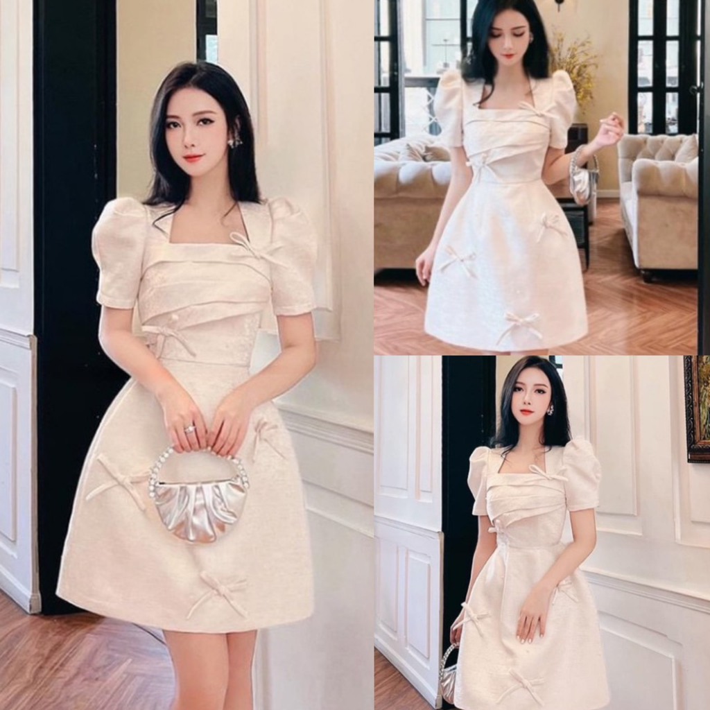 Square neck party dress with puffy chest pleated with luxurious bow for women ST005 | Shopee ...