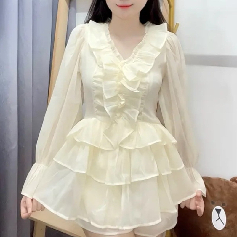 Ruffled long-sleeved silk chiffon Set with pants | Shopee Philippines