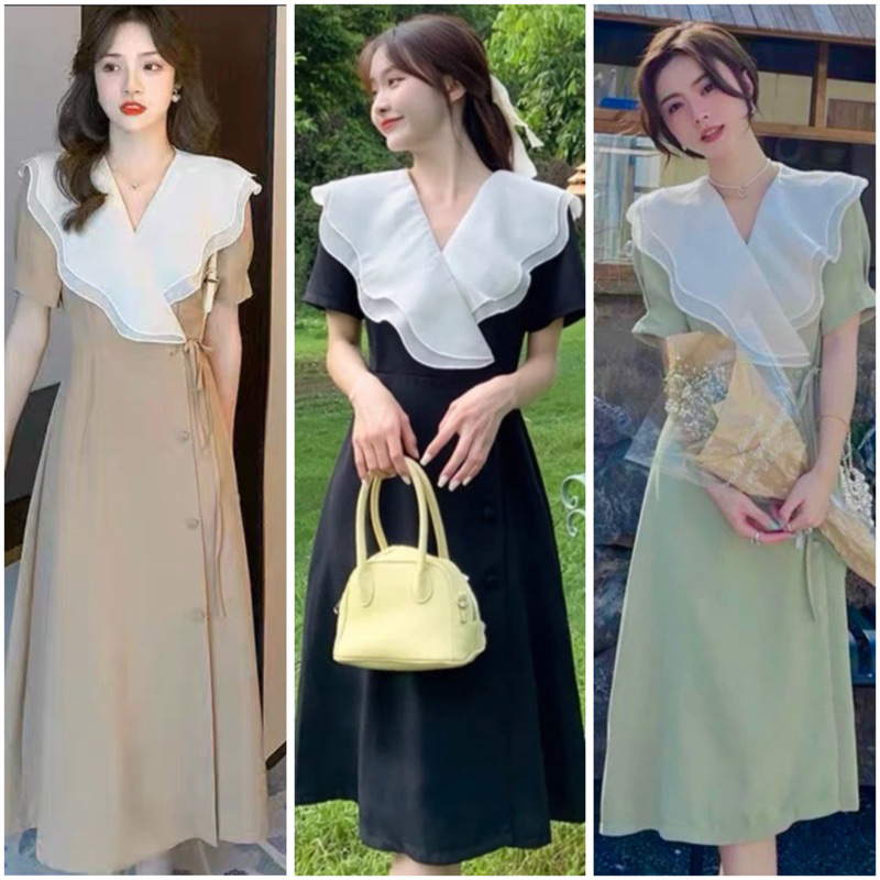 3-color white ruffle neck midi dress, party and street dress (with real ...