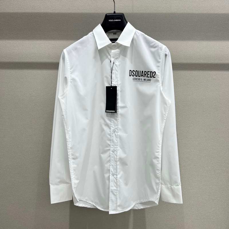 Dsq2 long-sleeved white shirt with plain silk fabric printed with ...
