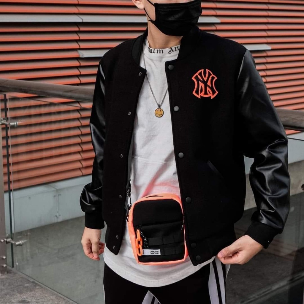 Jacket Bomber for men and women in black with leather sleeves ...