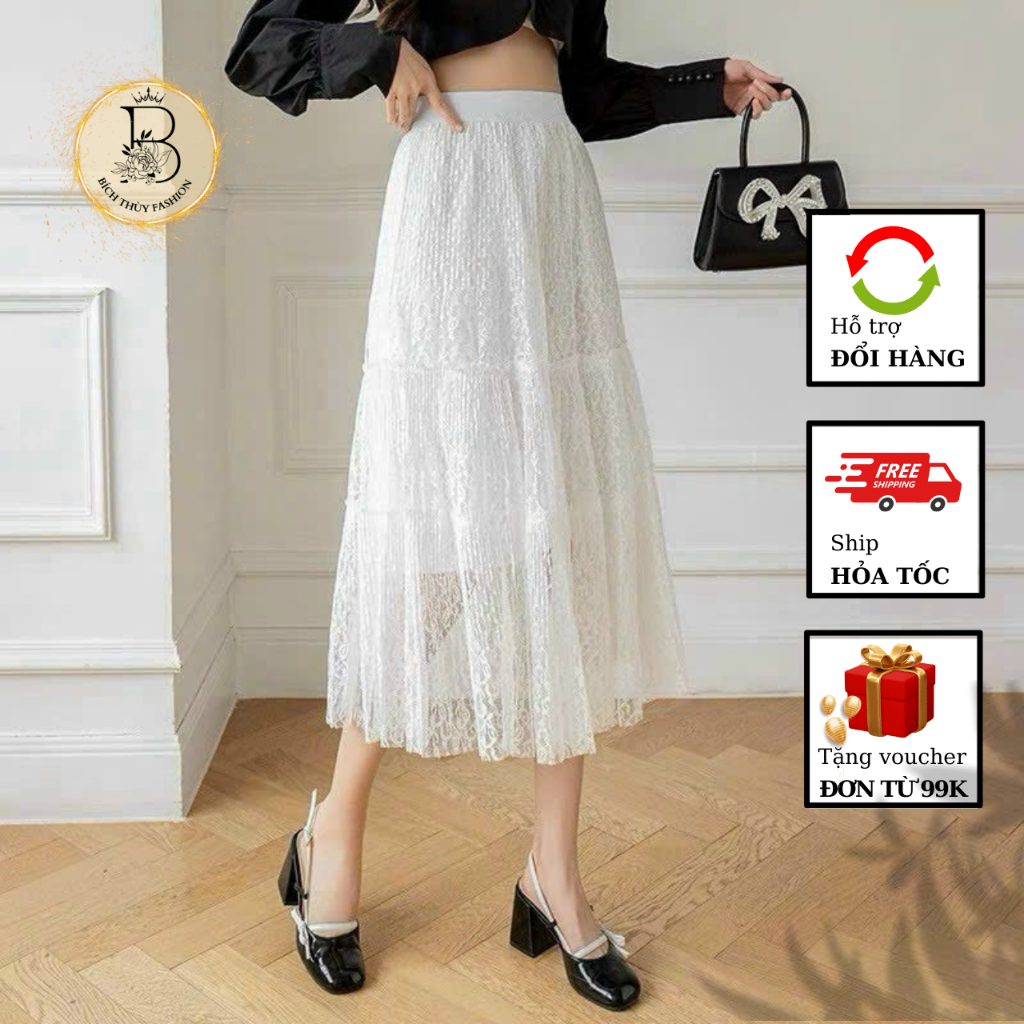 Office skirt with 3-storey pleated lace spread in summer fashion 2024 ...