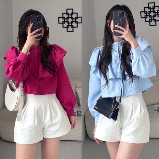 Bare_lady style long-sleeved ruffled crop top shirt, elegant turtleneck ...