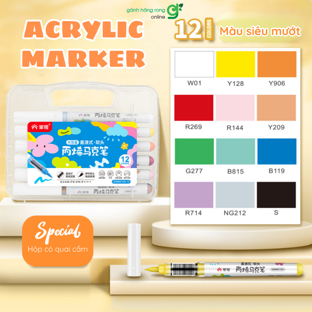 Set of 12 GGM Acrylic crayons in box with handle, colored markers that ...