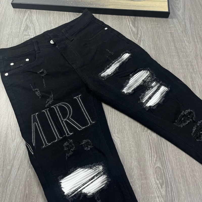 Men's long black ripped jeans embroidered with beautiful white leather ...