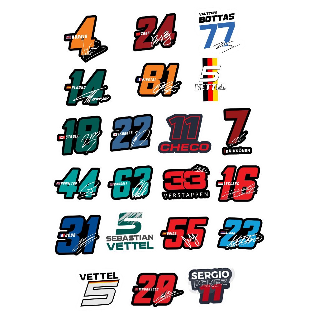 Set of 24 F1 racing car number stickers, Formula 1 racing car stickers ...