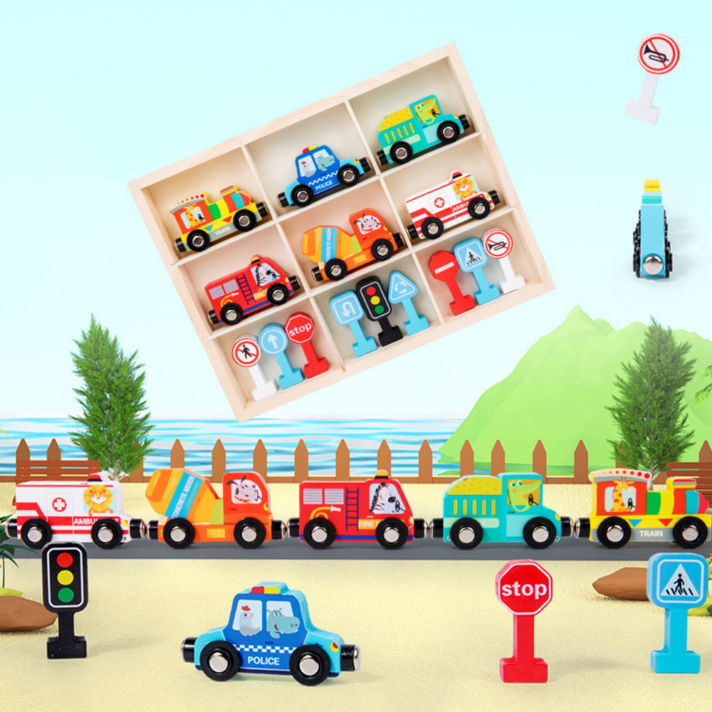 Wooden magnetic train toy with traffic light pole, early education ...