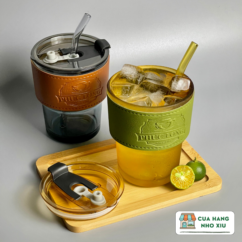 Phuc Long Glass Cup covered with leather including straw and lid 370ml ...