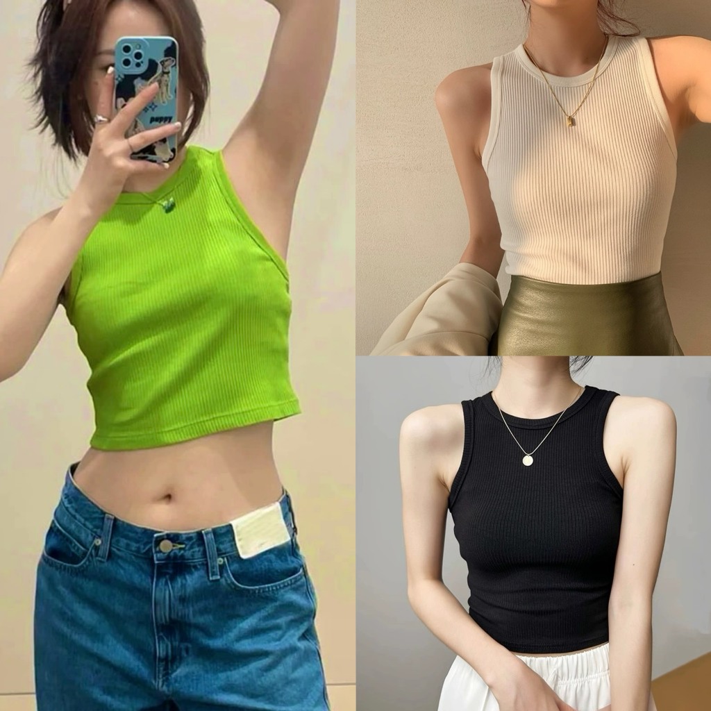 Tank top worn with body-hugging stretch cotton, crop top Sleeveless ...