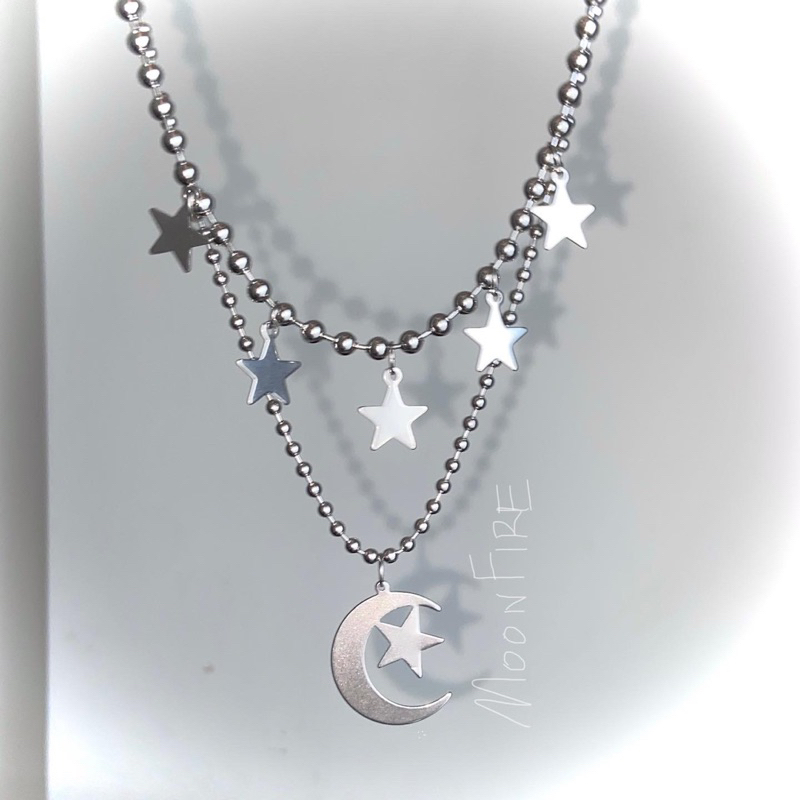 NECKLACE SET 'NIGHT SKY WITH MOON AND STARS'/ STAINLESS STEEL BALL ...