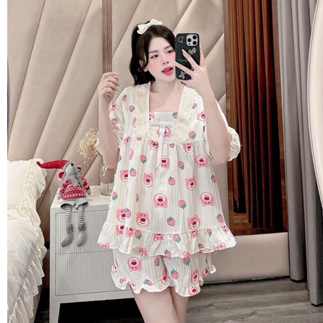 Set of super beautiful lace short sleeve linen suit with soft linen in summer freesize 40-65kg ...