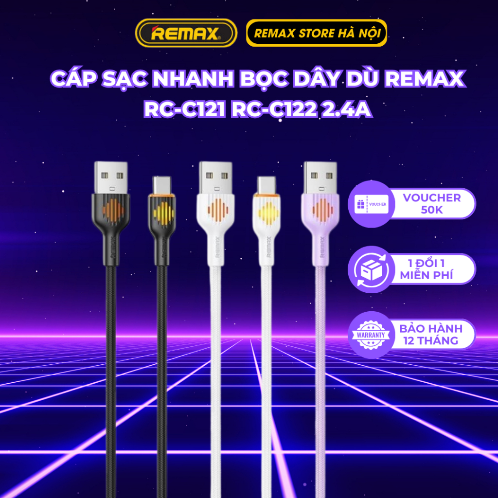 Remax RC-C121 RC-C122 USB to L, USB to C, USB to Micro 2.4A Glowing ...
