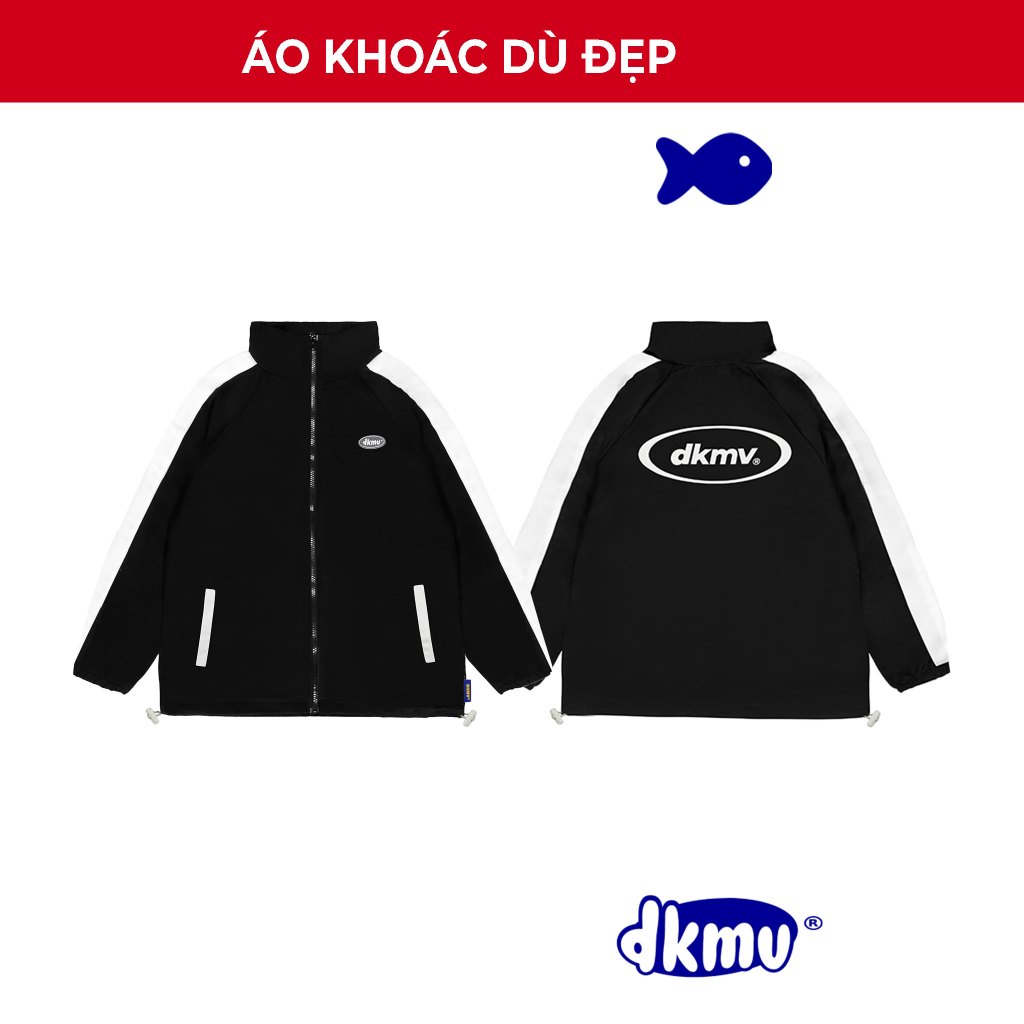 Wide black parachuteJacket with striped sleeves and turtleneck DKMV ...