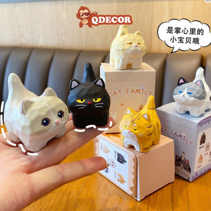 Meow Meow Cartoon Cat Statue Model Wood Carving Style for Desk, Home ...