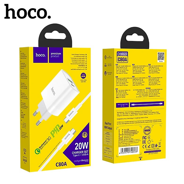 Hoco C80/C80A Fast Charger supports 20W PD fast charging with 2 USB and Type C Ports and 1M Type ...