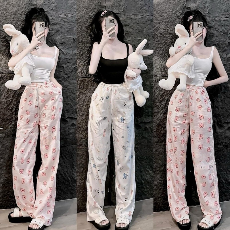 Cool toothpick set with cute cartoon wide-leg pants. Beautiful women's ...