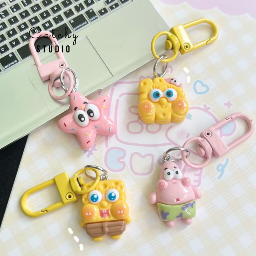 Patrick Star keychain, cute cartoon Spongebob pink and yellow | Shopee ...