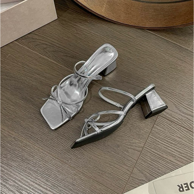 Square toe high heels with bow straps, 5m high, big size 35/45 | Shopee ...