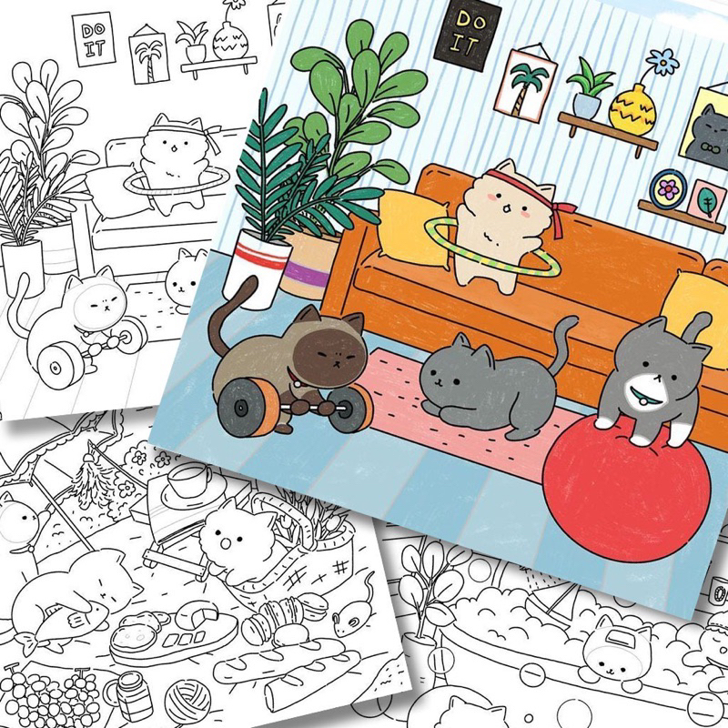 Cat family (180gsm paper) - Set of 30 A4 A5 Coloring Pages for Wax ...