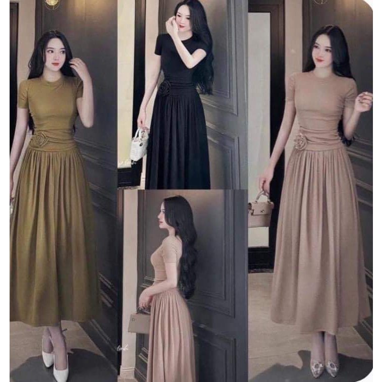 Fashionable Long Ribbed Dress With Super Cute Waist Flower | Shopee ...