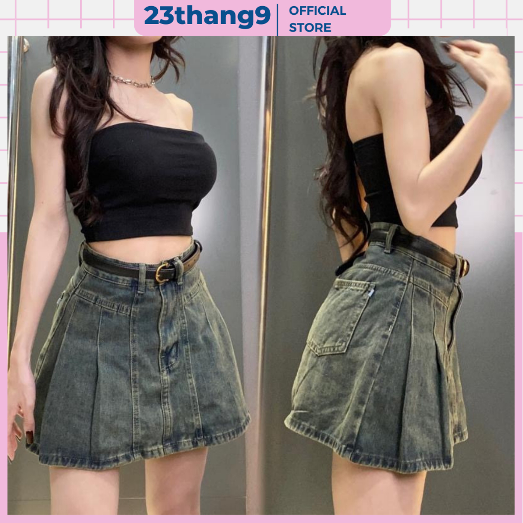 Jean skirt, blue short a-line high-waisted pleated denim skirt with ...