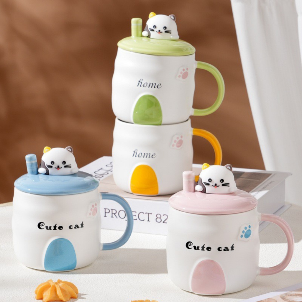 Cute Cate ceramic cup with lid and stirrer in 4 Cute colors | Shopee ...