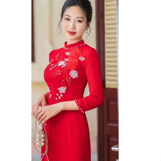 Bright red silk ao dai with hand-embellished embossed flowers - Dan Linh Ao Dai (A468) | Shopee ...