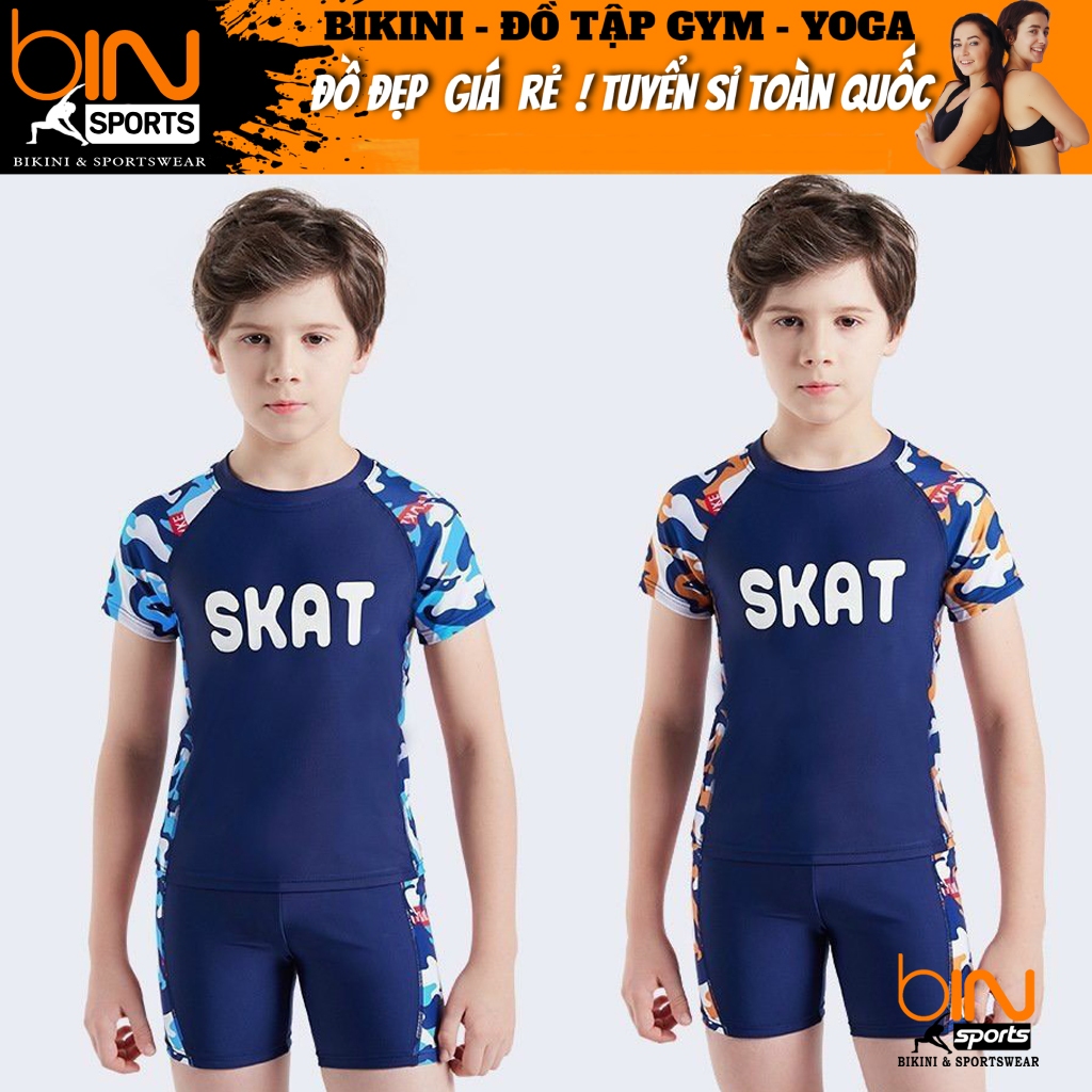 Boys' 2-piece swimsuit, short-sleeved belly-covering shirt, Shorts with multi-colored patterns ...