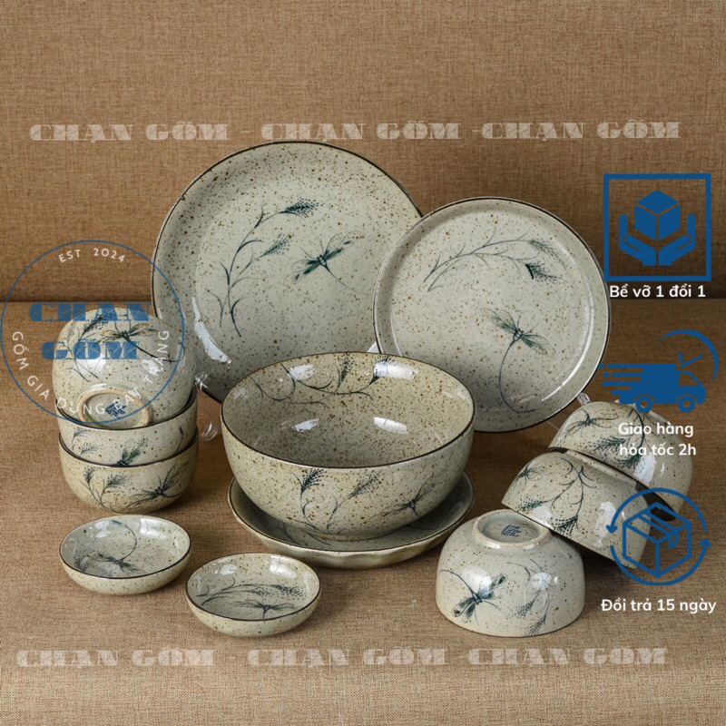 Bat TRANG CERAMIC GRASS HAND-PAINTED PEPPER RICE DISHES SET (with ...