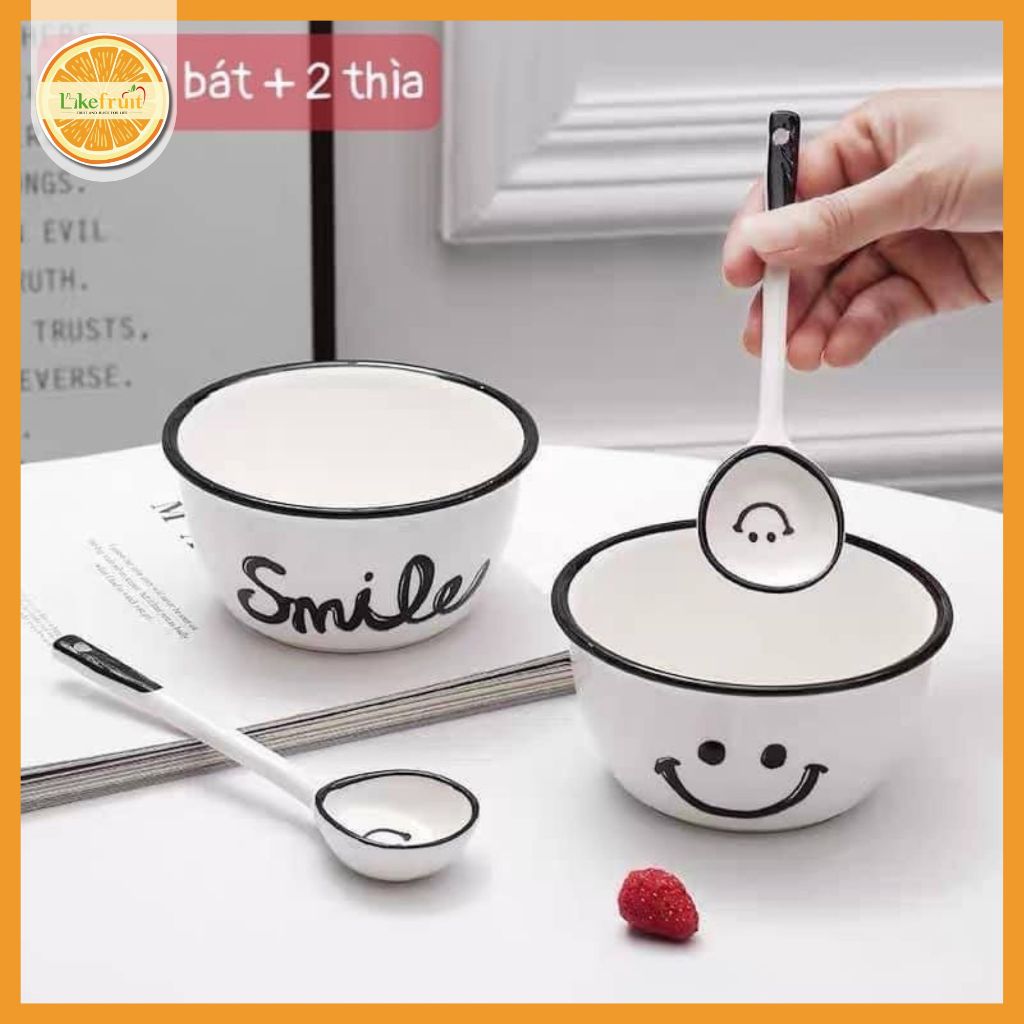 Set OF 2 CERAMIC BOWL + SMILE SPOON (Smiley face pattern) | Shopee ...