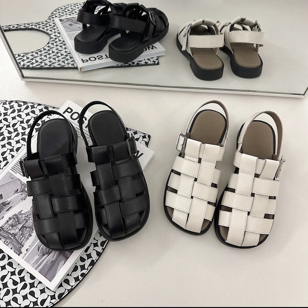 Sandals with woven straps, ulzzang shoes with 2cm sole and unique ...