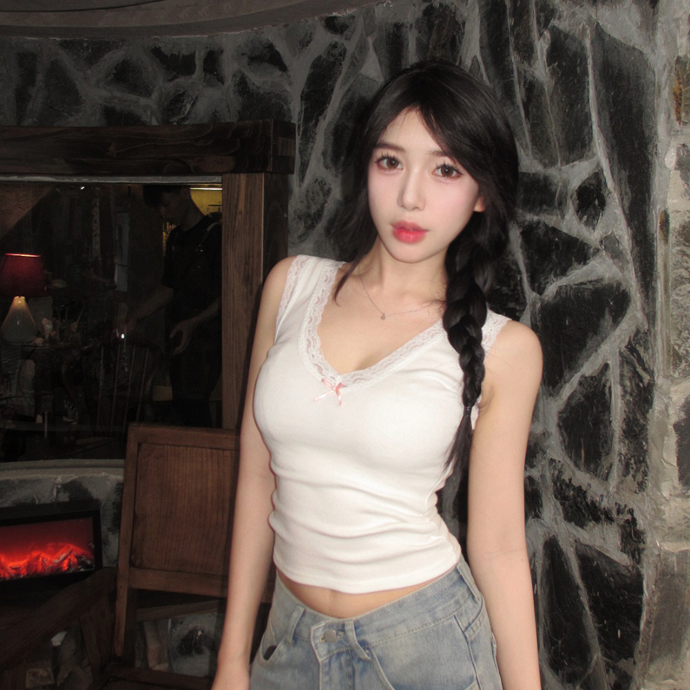 Spaghetti straps T-Shirt With Bow, Cute COQUETTE Style Lace | Shopee ...