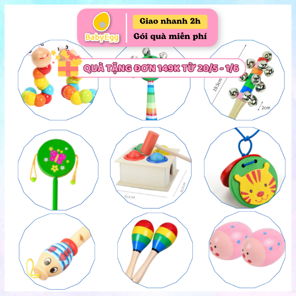 Synthesis Colorful hand-held wooden rattles, bells, dice, visual ...