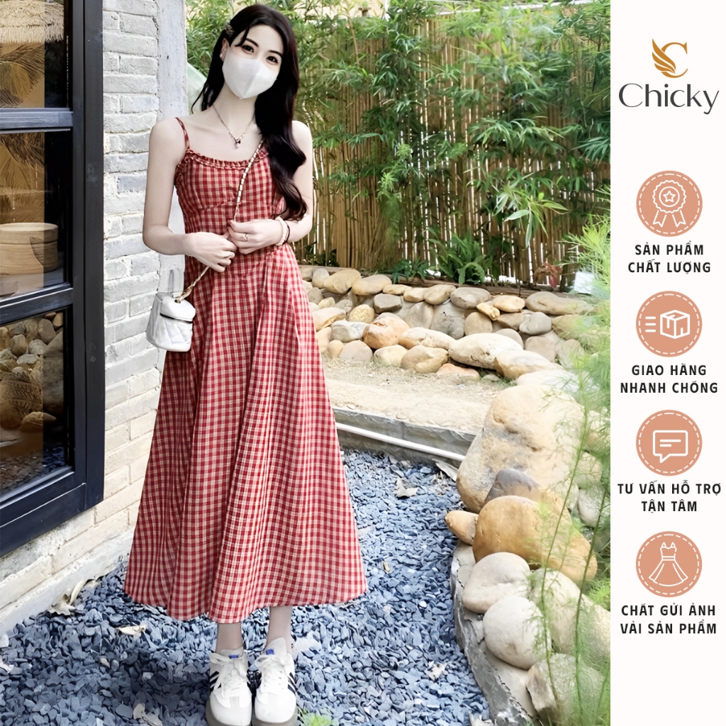2-string Dress with Ruffled Chest and Plaid Design, Long Lady's Style ...