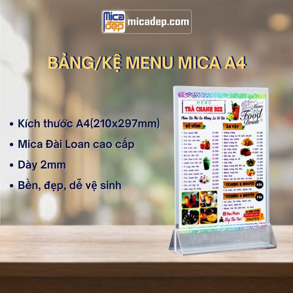 A4 mica Menu with A-shaped base for table | A4 mica menu shelf | Mica ...