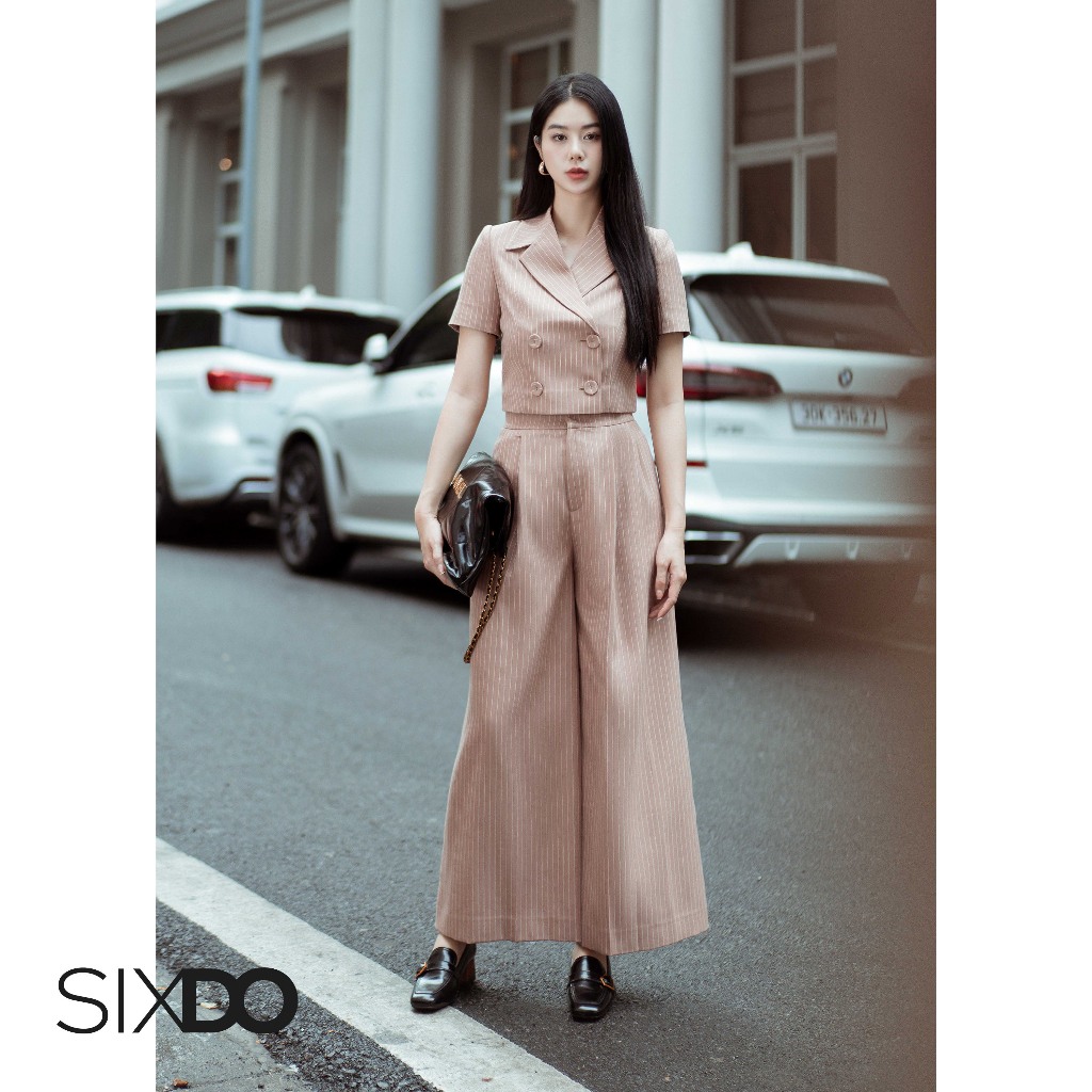 Sixdo Vertical Striped Short Vest (Brownish-beige Stripe Cropped Woven ...