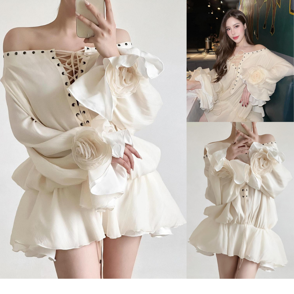 Hamy.fashion Off-the-Shoulder Banh Beo Dress with Flowers and Sleeves ...