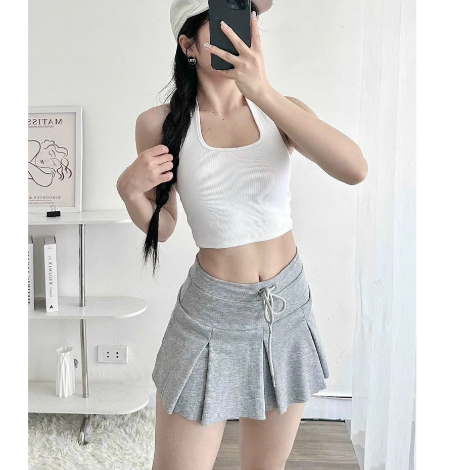 Bare- High-waisted pleated skirt with drawstring, high-waisted pleated short skirt with cold ...