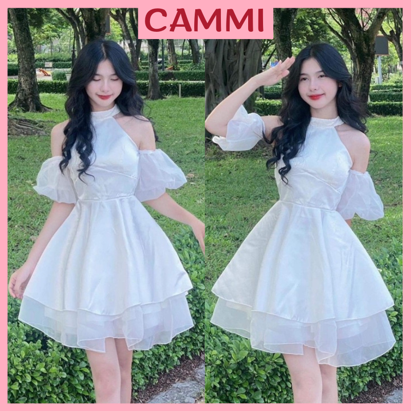 White ruffle dress, halter neck dress (with chest pad), off-the ...