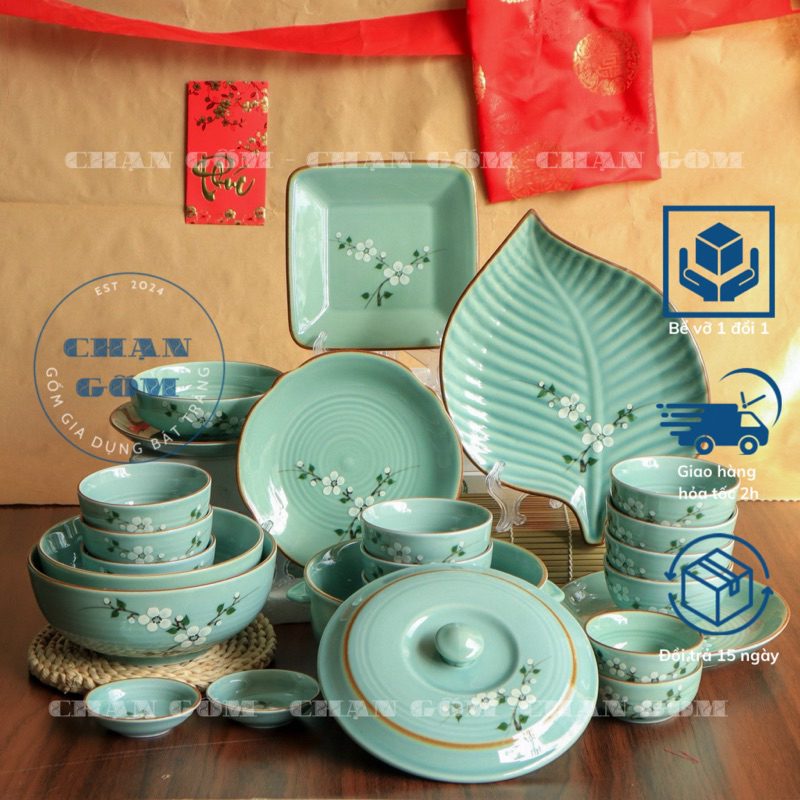 Bat Trang Ceramic Rice Bowl Set - Hand-painted Turquoise Enamel ...