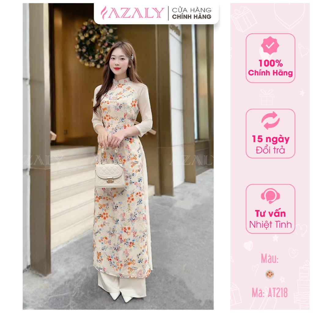Azaly traditional 4-panel pressed silk floral ao dai for wedding and ...