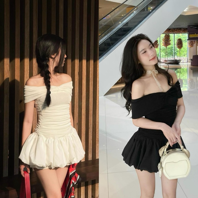 [V1.749] Off-the-Shoulder Dress with Elastic Paper Bow and Wrinkle ...