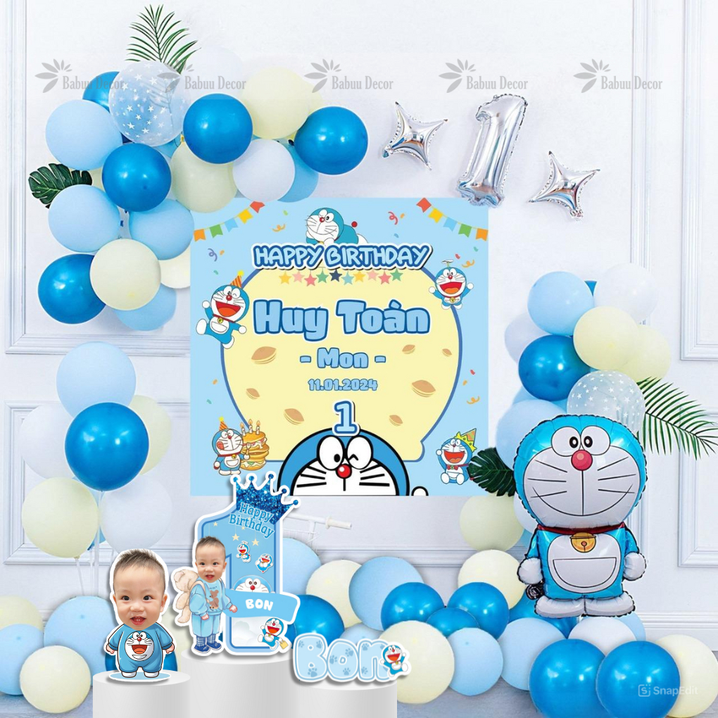 Doremon balloon Set with banner printed with information for baby's ...