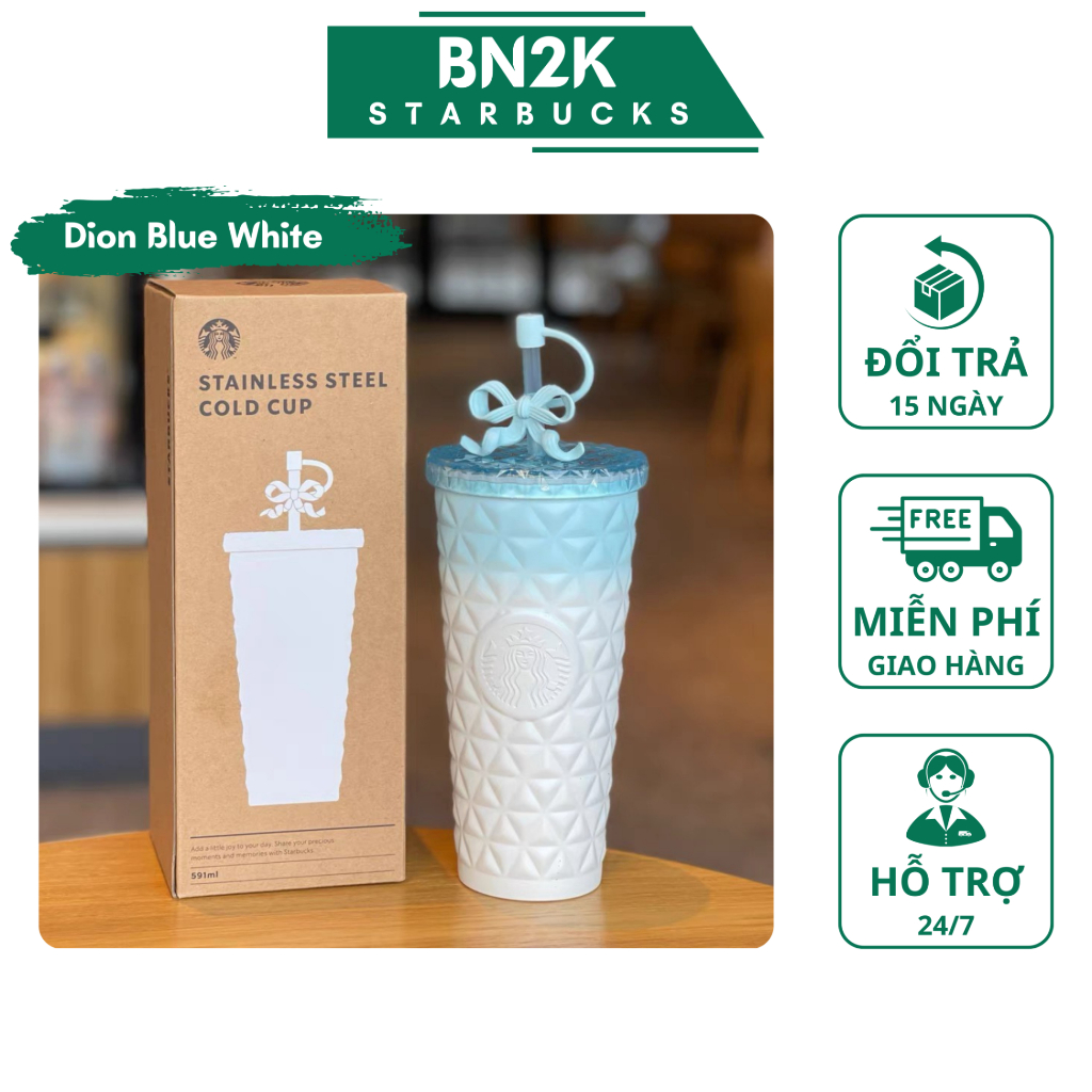 Starbucks Dion Blue White Thermal Cup 591ml with Bow Topper, Starbucks ...
