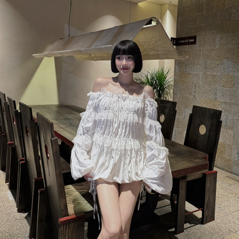 White Off-the-Shoulder Blouse with Drawstring Lace Trim Long Sleeve ...