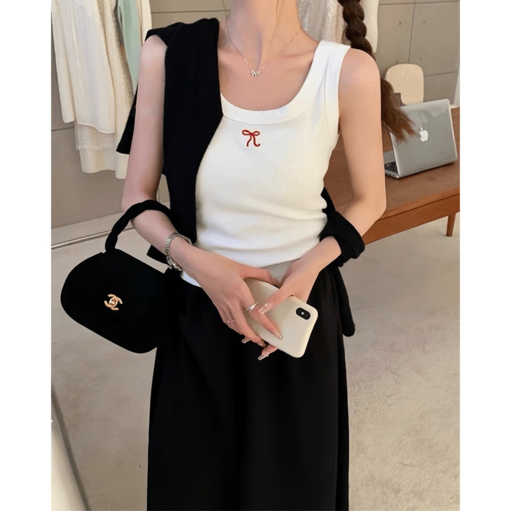 Fashionable wide neck bow embroidered tank top - Red Shop - body ...
