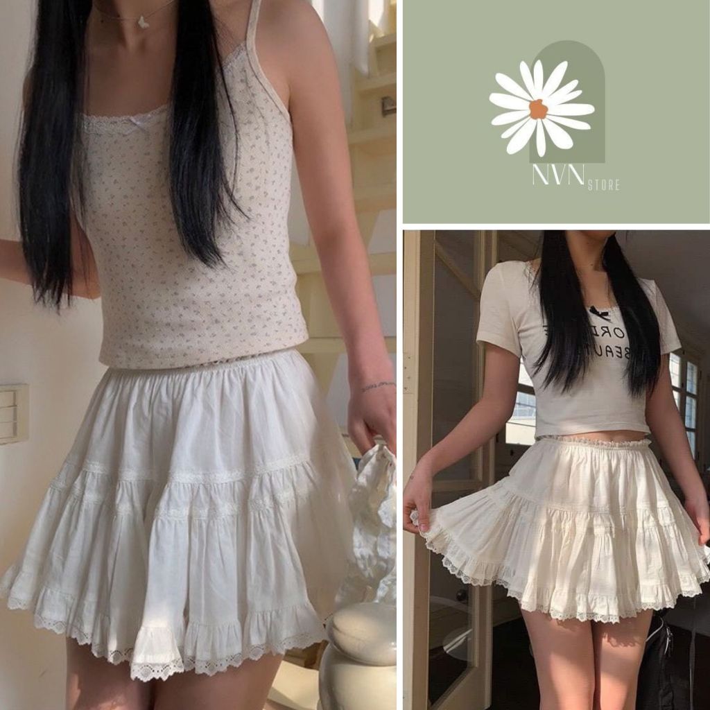 Women's Short Skirt, Flared Skirt with Inner Pants with Layered Lace Hem Cute Lolita Style ...