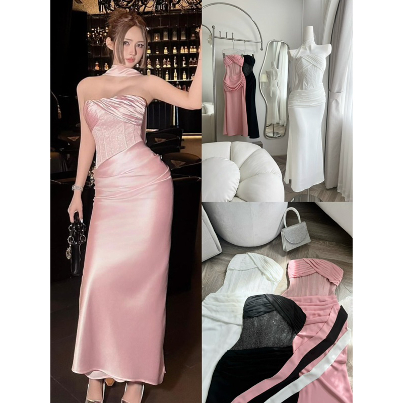 Luxury pleated bustier party dress mixed with sparkling silk | Shopee ...