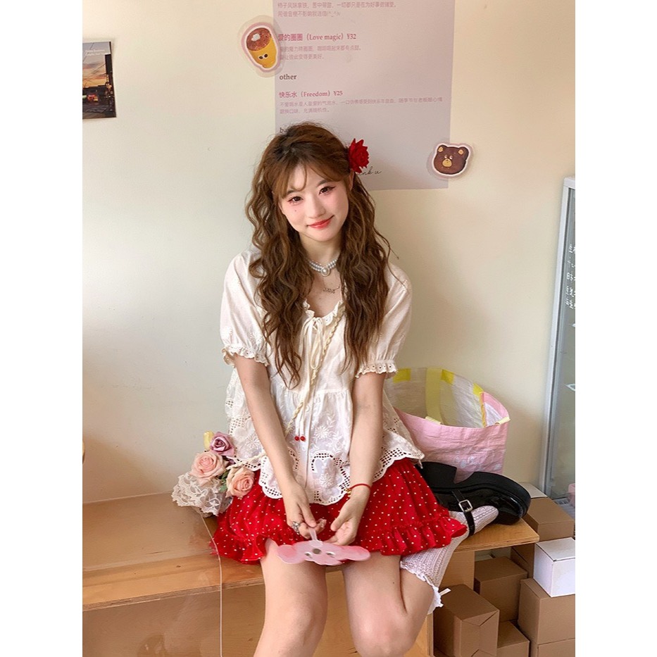 Tammy SET: Floral embroidered lace babydoll top with puffy sleeves and ...