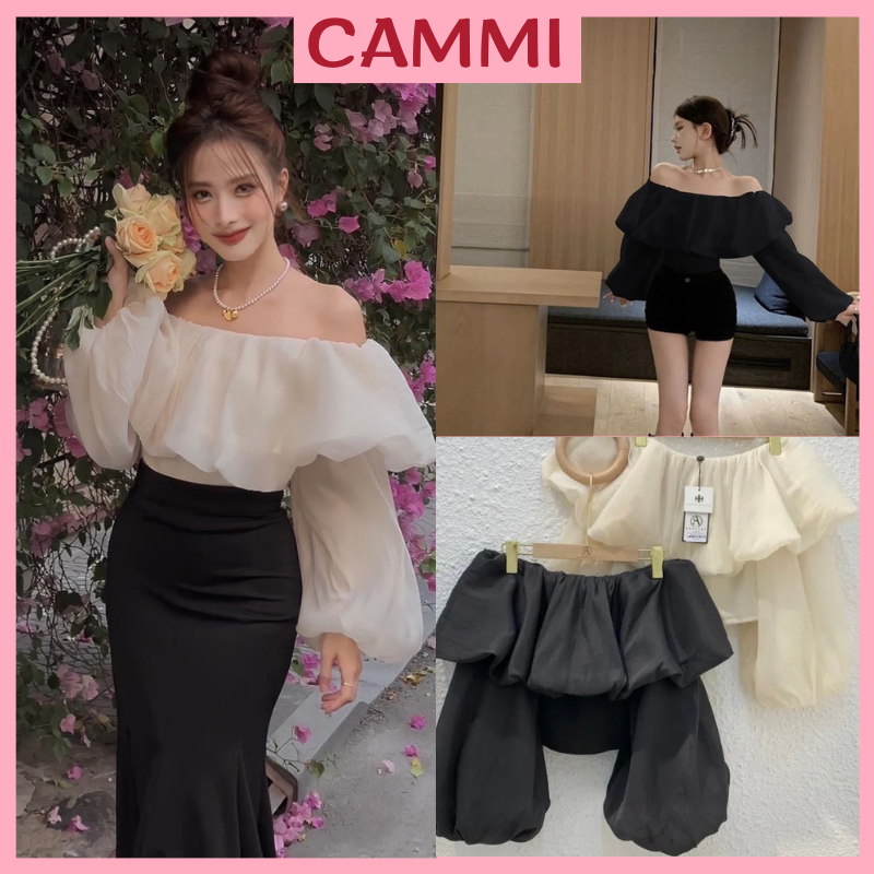 Off-the-shoulder blouse with puffy sleeves made of sponge chiffon, lady ...